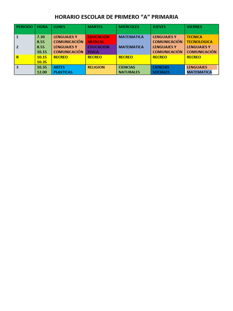 Horario Escolar de Primero | PDF