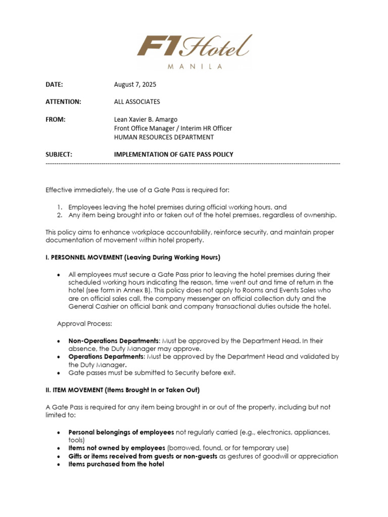 Gate Pass Policy for Hotel Employees | PDF | Business