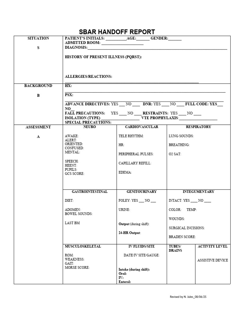 SBAR Patient Handoff Report Template | PDF | Nursing | Goal