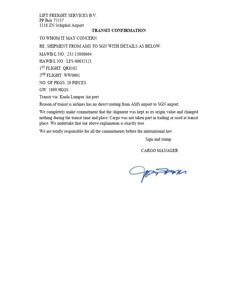 Transit Confirmation for AMS to SGN Shipment | PDF