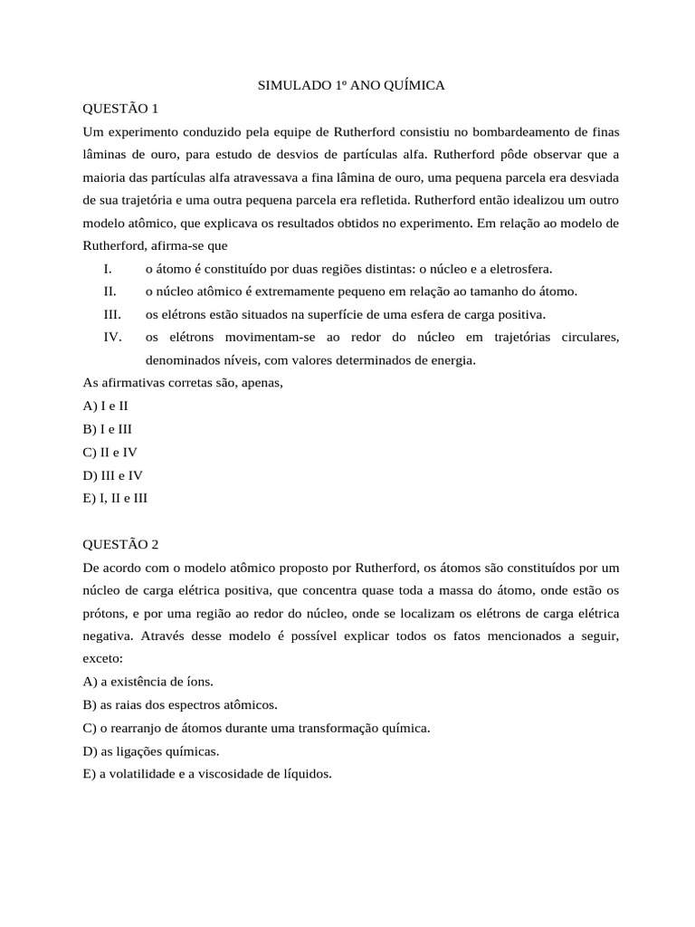 Simulado 1º Ano, 2 Ano e 3 Ano Quimica_100749 | PDF | Elétron | Próton