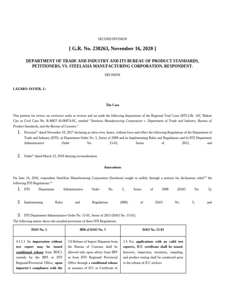 DTI Regulations vs. SteelAsia Case Review | PDF | Equal Protection ...