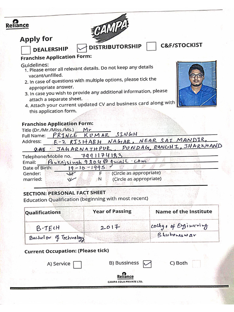 Campa Form For Distributorship | PDF