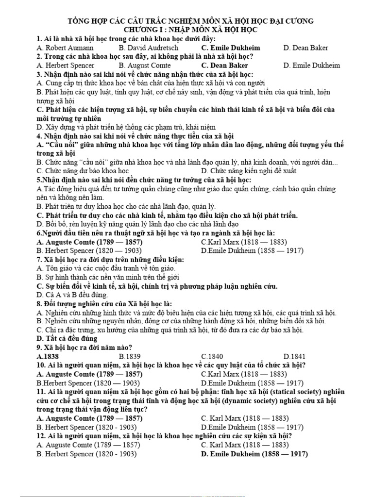 Tong Hop Cau Hoi Trac Nghiem Xa Hoi Hoc Dai Cuong Dai Hoc Nong Lam Tha 178971 (1) | PDF