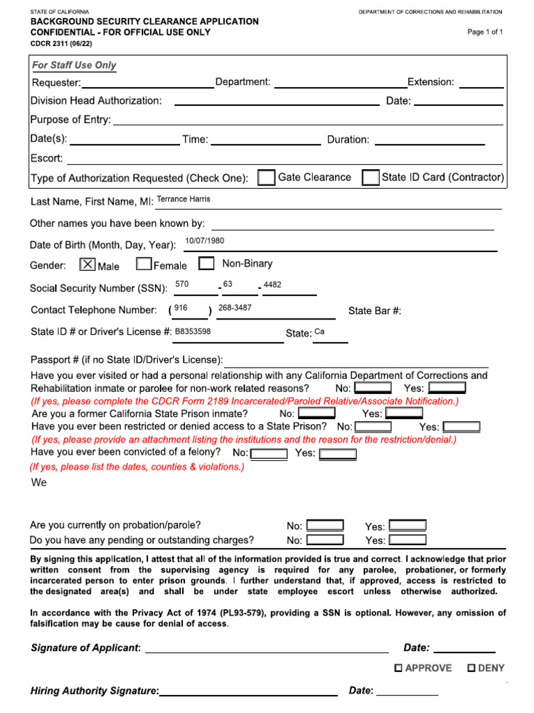 Cdcr 2311 - Background Security Clearance Application Confidential ...