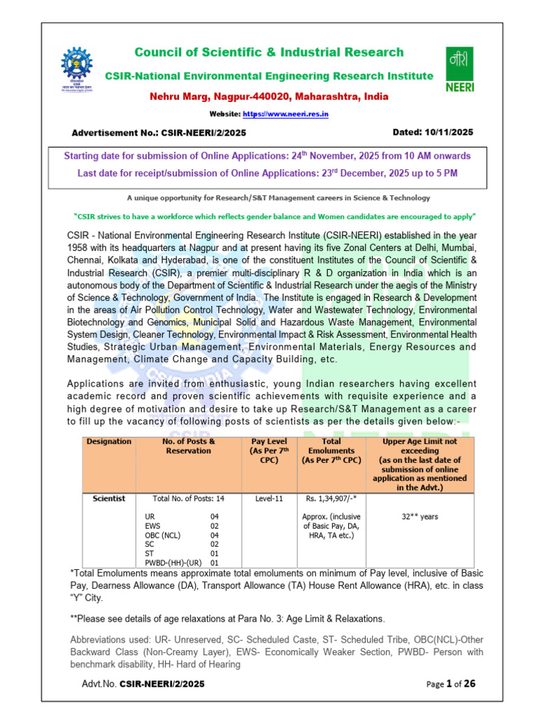 CSIR-NEERI Scientist Recruitment 2025 | PDF | Climate Change Mitigation ...