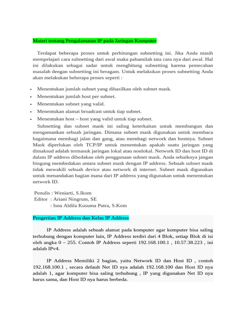 MATERI SUBNET MASK DAN IP ADREES | PDF