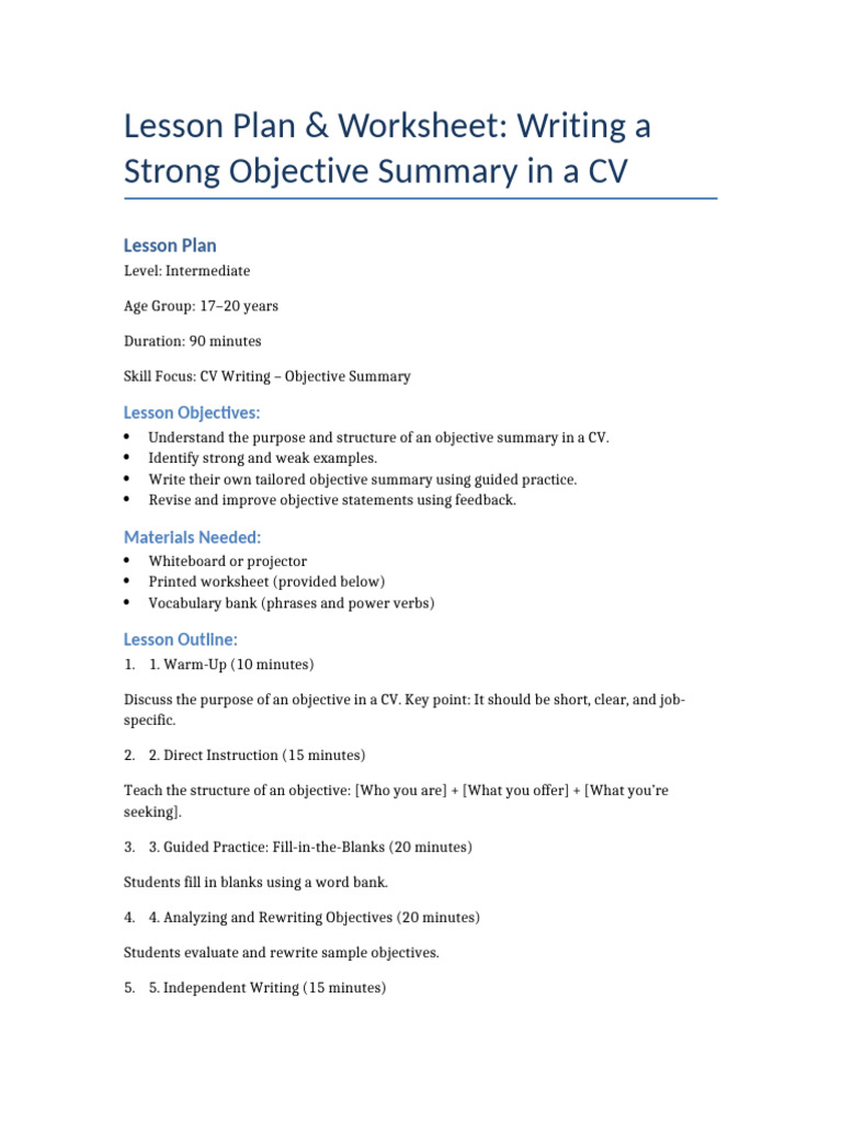 CV Objective Summary Lesson Plan | PDF | Lesson Plan | Cognitive Science