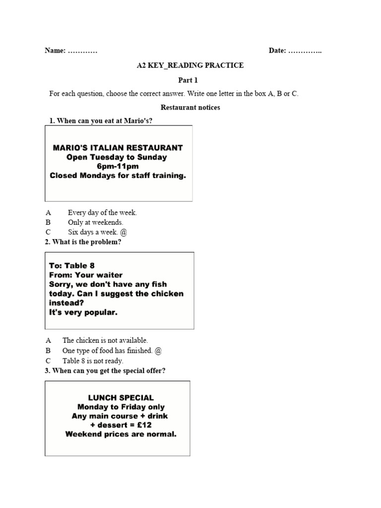 A2 Key Reading Practice Questions | PDF