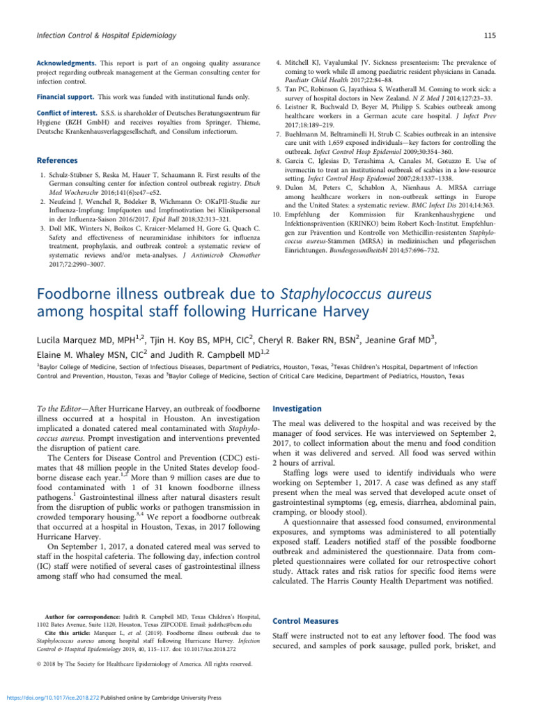 Foodborne Illness Outbreak Due To Staphylococcus Aureus Among Hospital ...