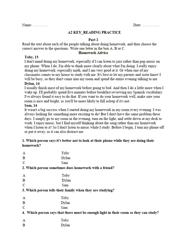A2 Key Reading Practice Exercises | PDF