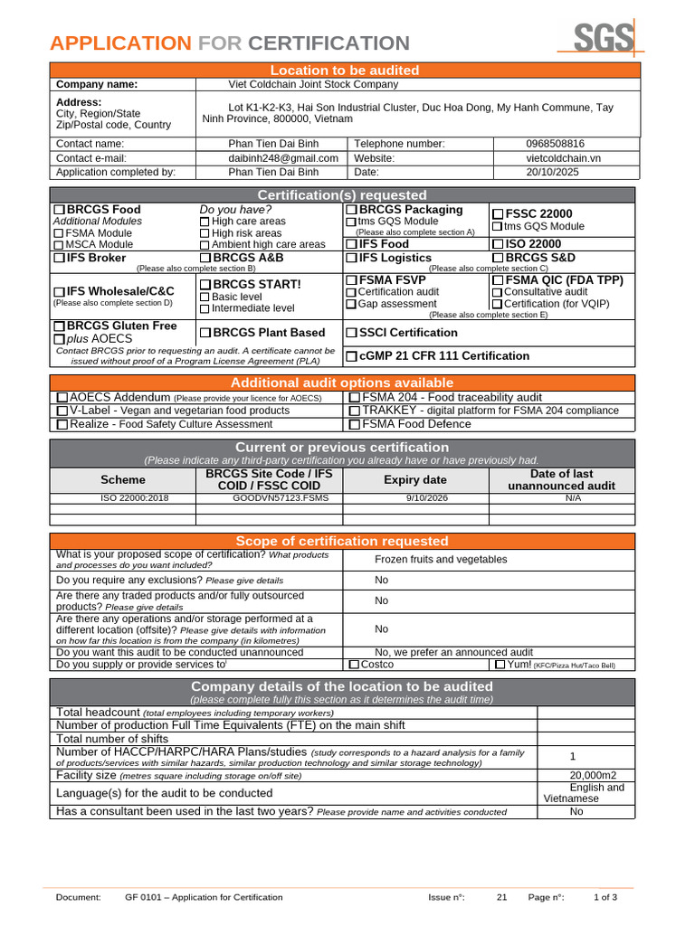 GF0101 Generic Food Application For Certification Issue 21 | PDF | Food ...