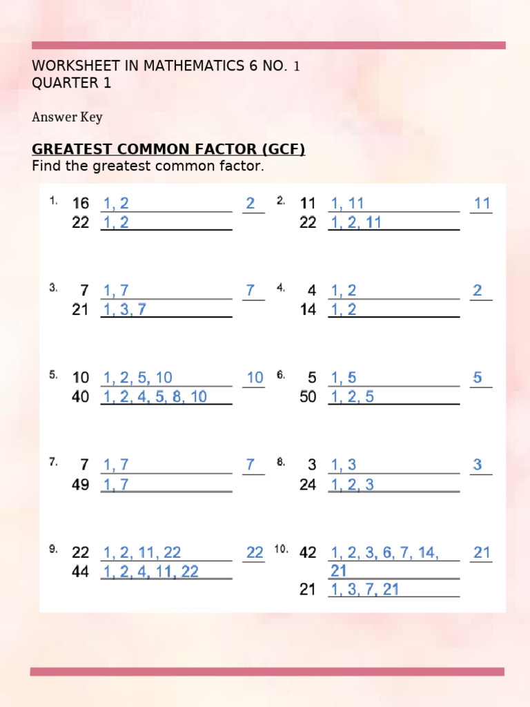 Math Worksheet Q1 Answer Key | PDF