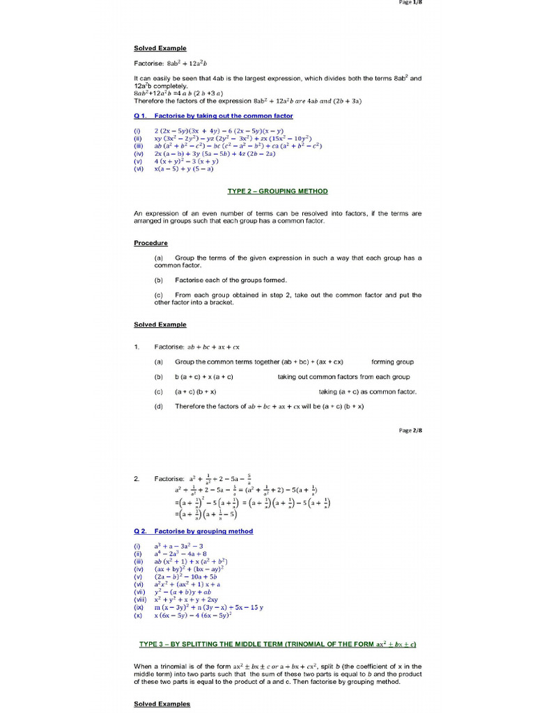 Worksheet on Factorisation | PDF