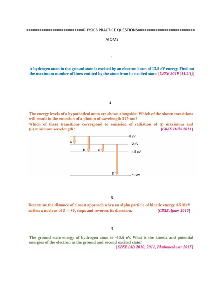 Physics Practice Questions Atoms | PDF
