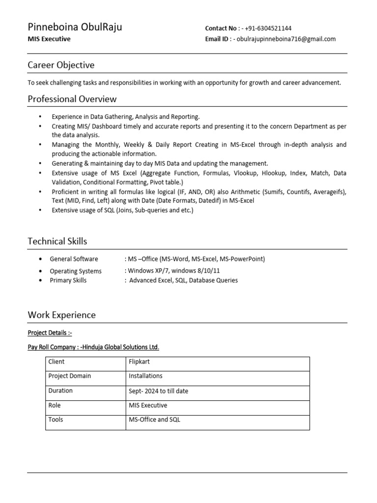 P ObulRaju Resume MIS Executive | PDF | Microsoft Excel | Sql