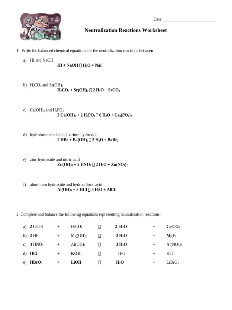 Neutralization Reactions Worksheet | PDF | Hydroxide | Acid