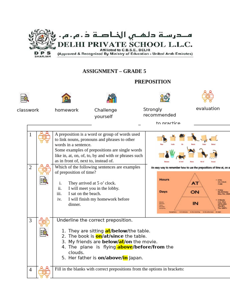 Grade 5 - PREPOSITIONS 2025-26 (1) - 1 | PDF | Syntactic Relationships ...