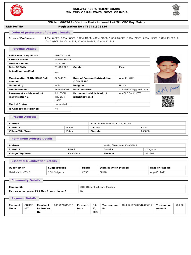RRB Patna CEN 08/2024 Application Details | PDF