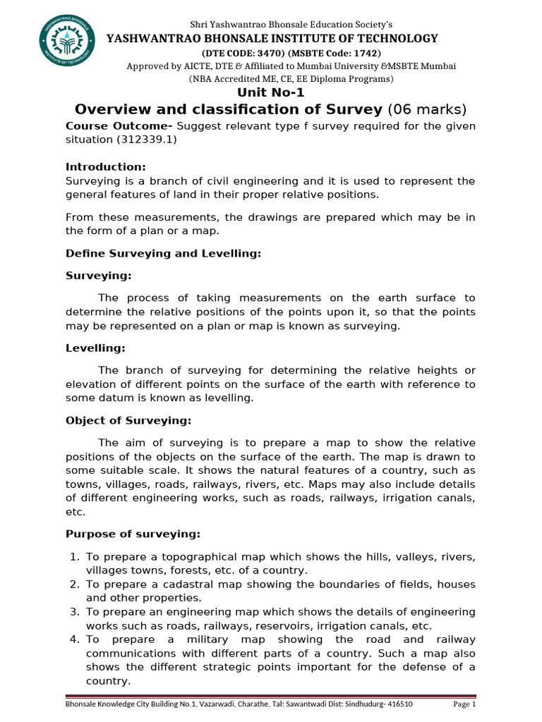 Unit No 1 Overview and Classification of Survey | PDF | Surveying | Geodesy