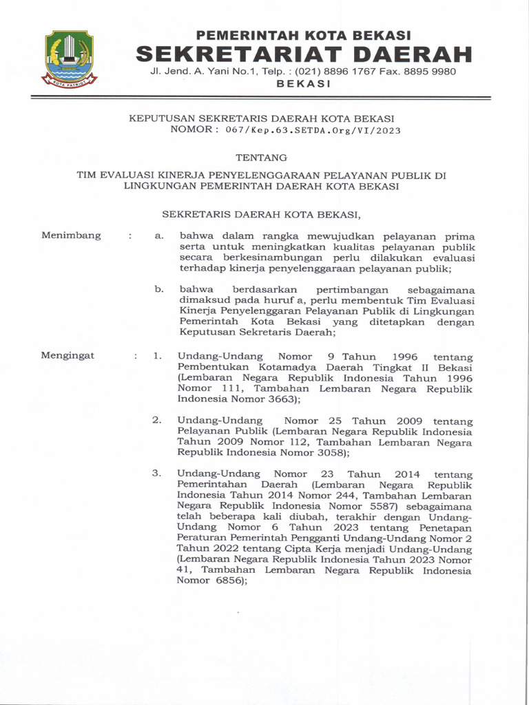 SK Tim Evaluator Pekppp Kota Bekasi | PDF