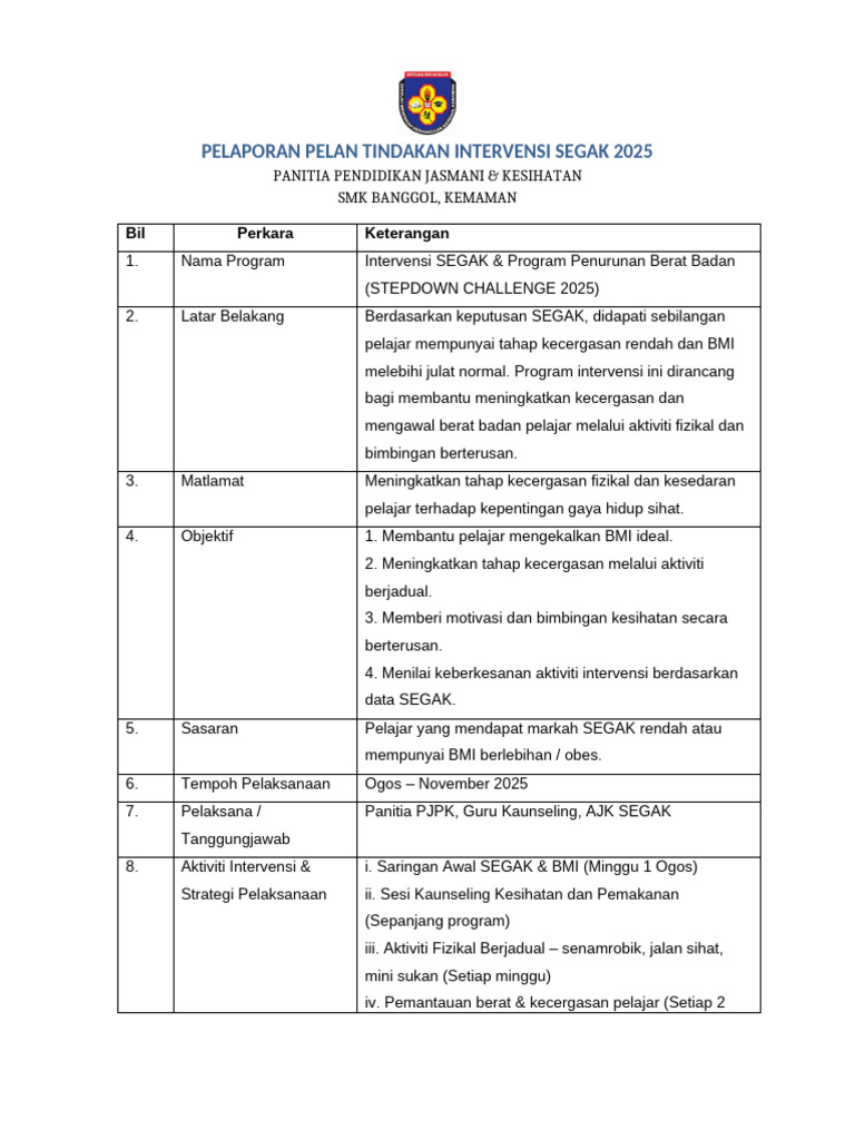 Pelan Tindakan Intervensi SEGAK 2025 Latest | PDF