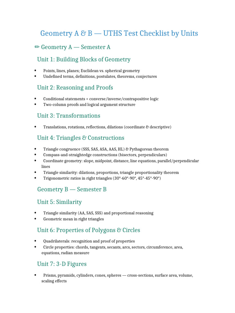 Geometry A & B Unit Test Checklist | PDF