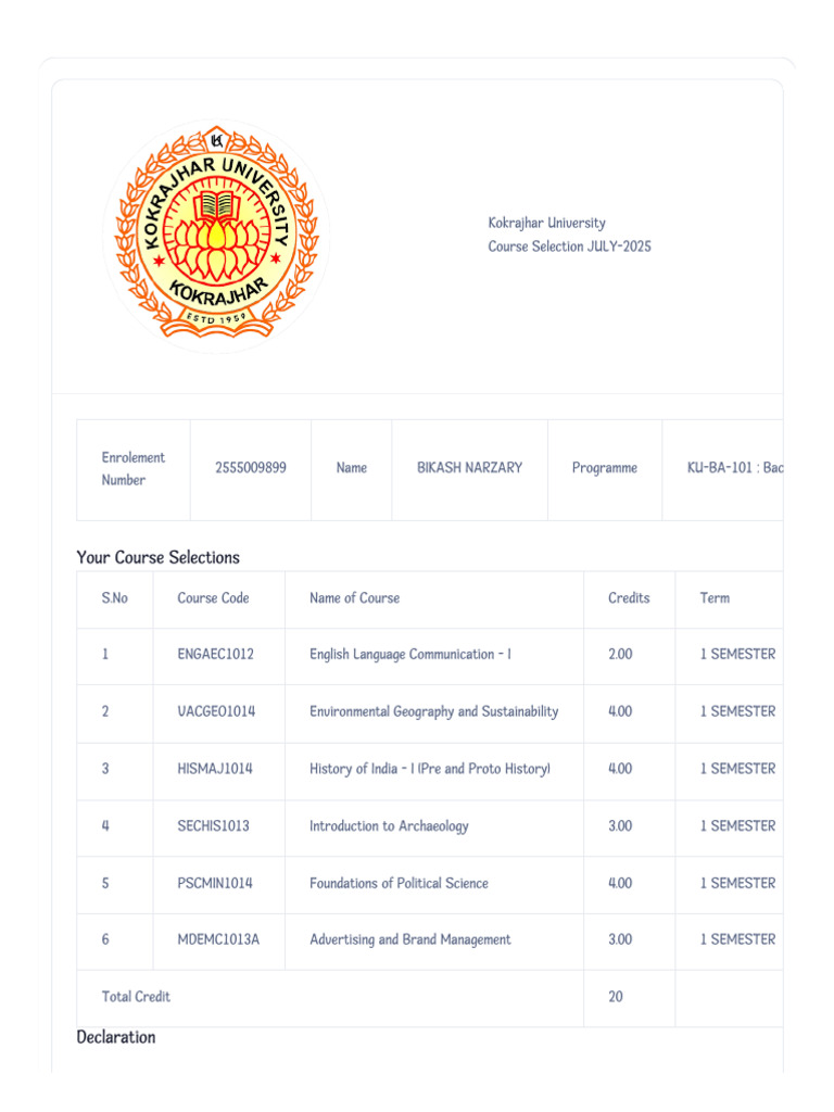 Kokrajhar University Course Selection 2025 | PDF