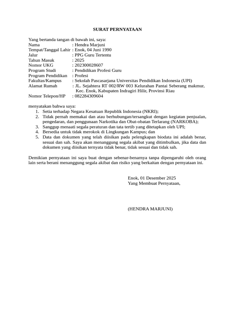Surat Pernyataan Hendra Marjuni 2025 | PDF