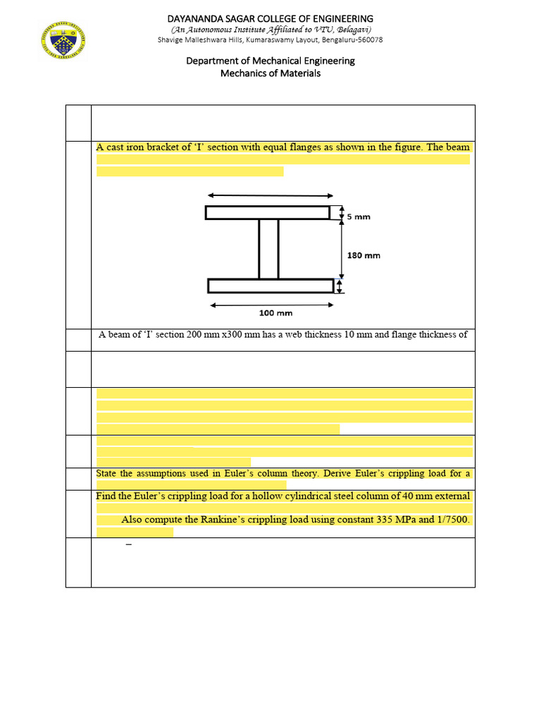 Mechanics of Materials Question Bank | PDF | Bending | Beam (Structure)