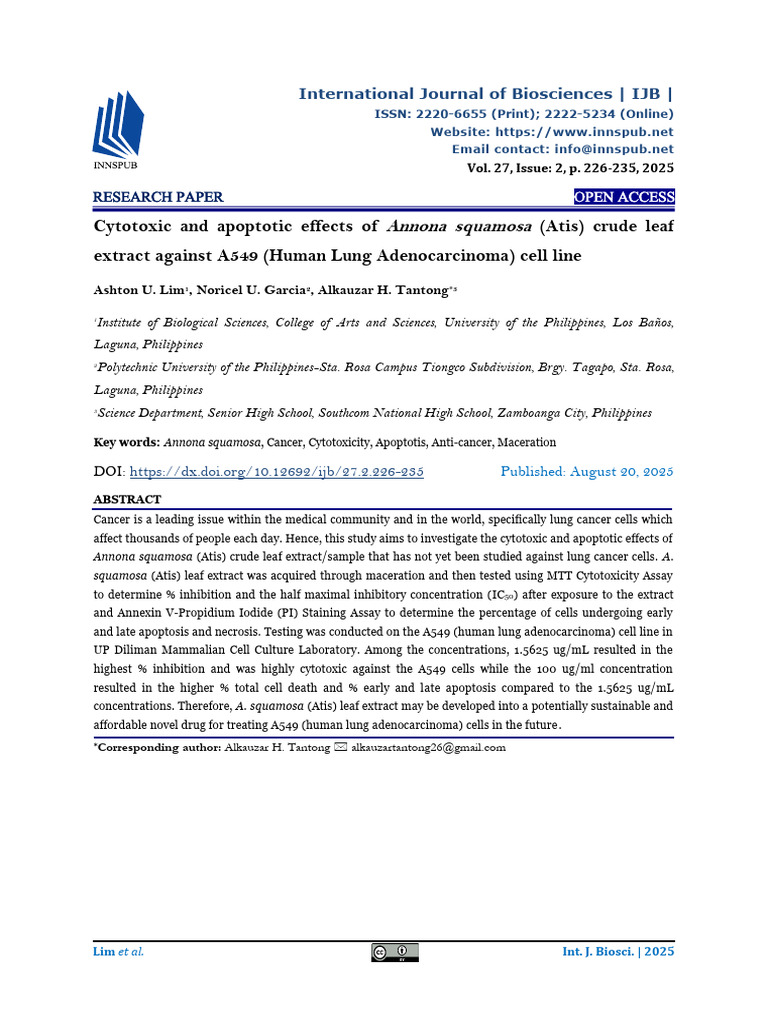 Cytotoxic and Apoptotic Effects of Annona Squamosa (Atis) Crude Leaf ...