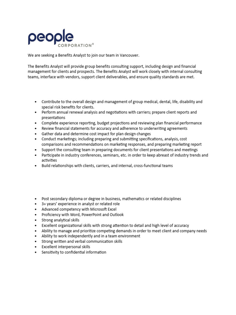 Job Posting - Benefits Analyst Vancouver | PDF | Financial Analyst ...
