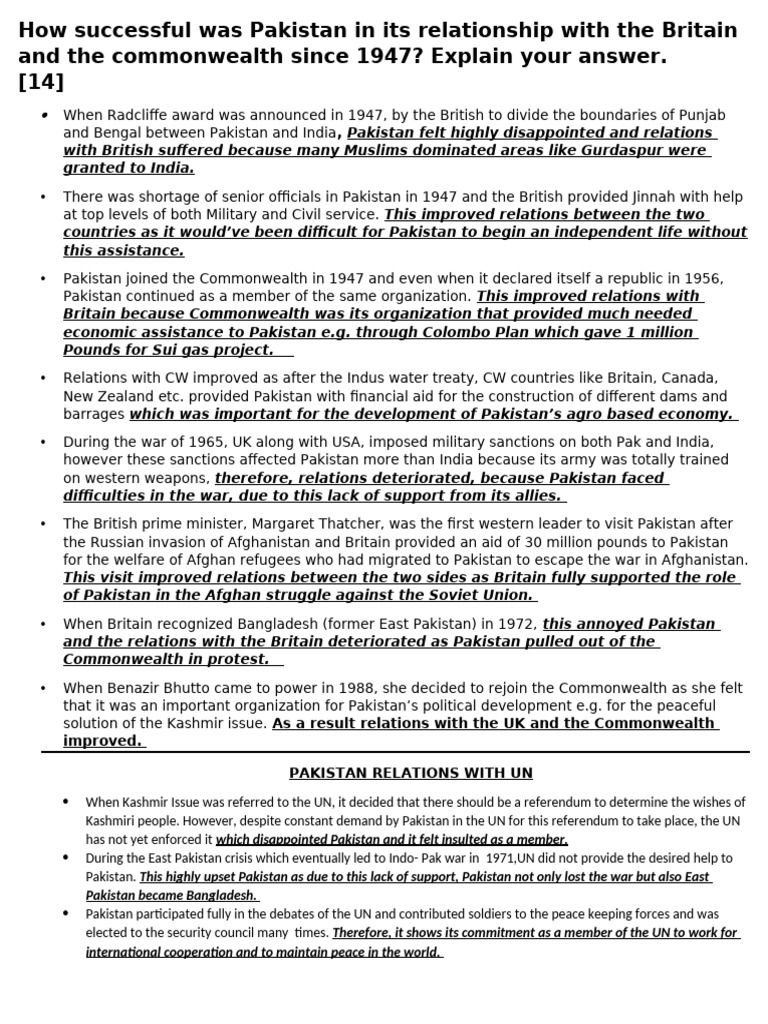 Relations With Britain and UN (O Level Pak Studies) | PDF | Pakistan ...