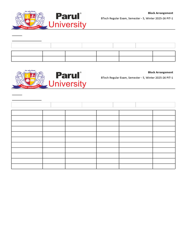 Block Arrangement BTech Regular Exam Semester 5 Winter 2025 26 PIT 1 ...