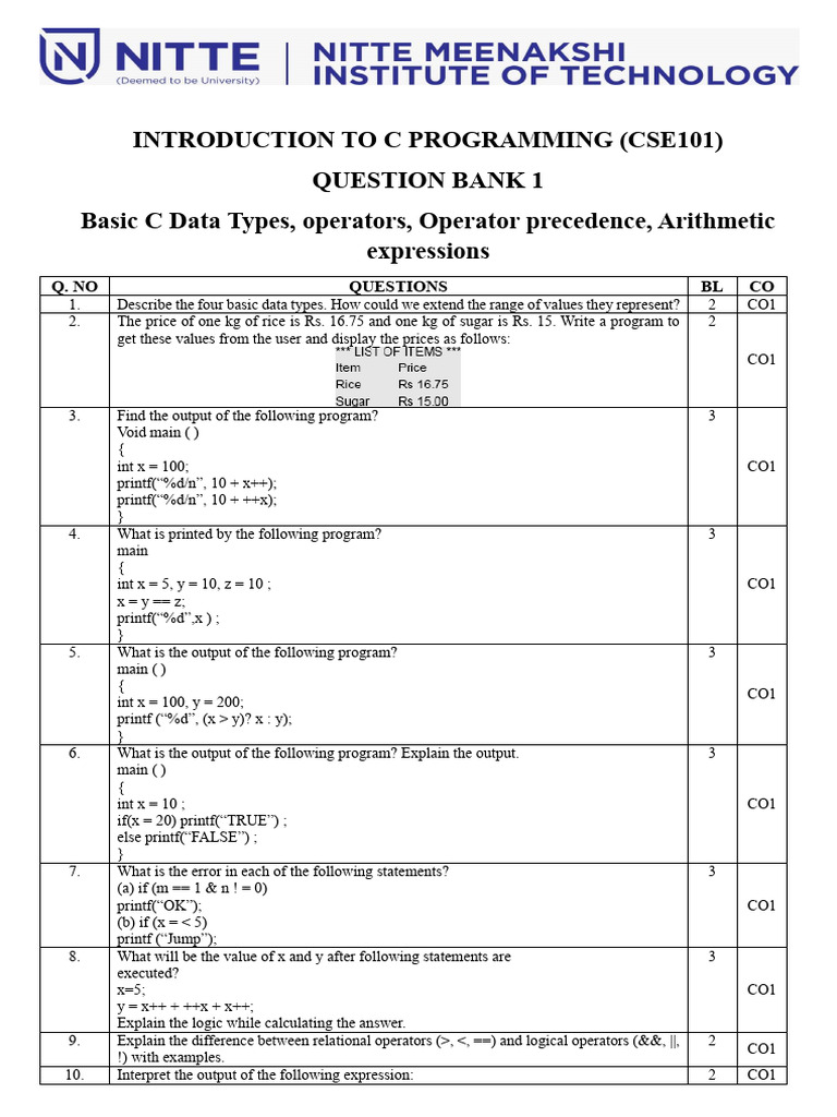 C Programming Question Bank Overview | PDF | Control Flow | Matrix ...