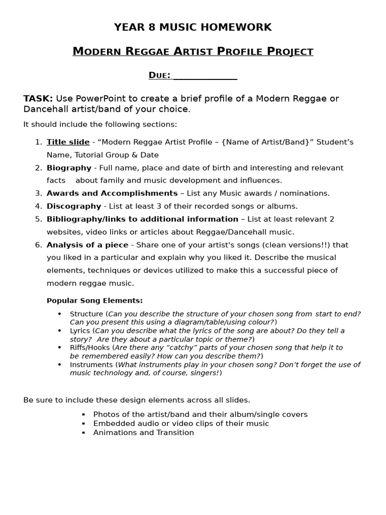 Year 8 Modern Reggae Artist Project Outline | PDF | Reggae