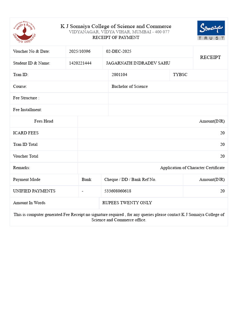 K J Somaiya College Fee Receipt | PDF