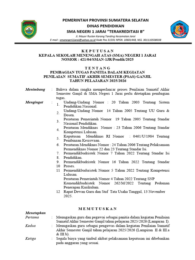 Pembagian Tugas PSAS SMA 1 Jarai 2025 | PDF