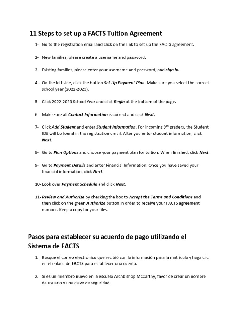 2022-23 Steps To Set Up A FACTS Tuition Agreement English Spanish | PDF