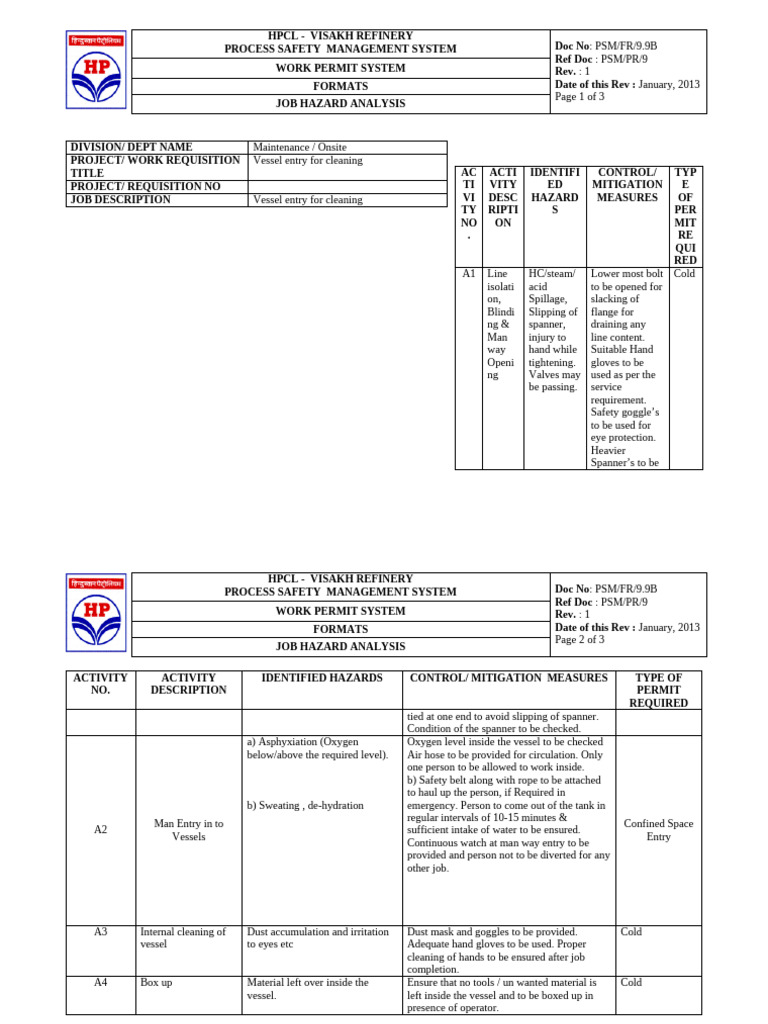 Vessel Entry For Cleaning | PDF | Safety | Occupational Safety And Health