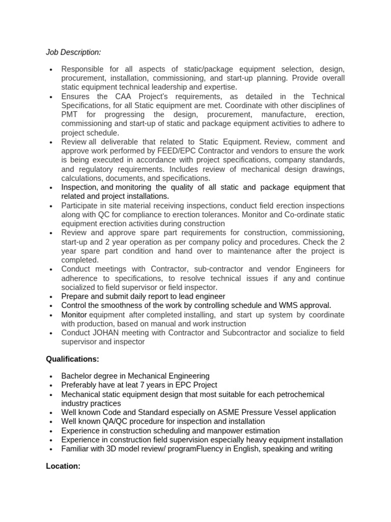 JD - Mechanical Static Engineer | PDF | Specification (Technical ...