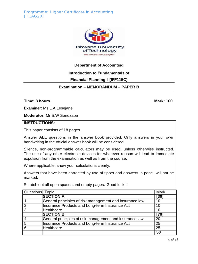 Financial Planning Exam Memo: Insurance Principles | PDF | Insurance ...