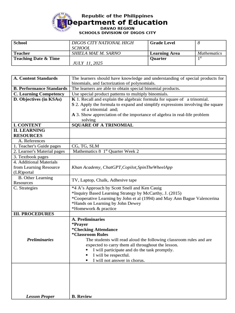 Square of Trinomial - Lesson Plan | PDF | Algebra | Learning