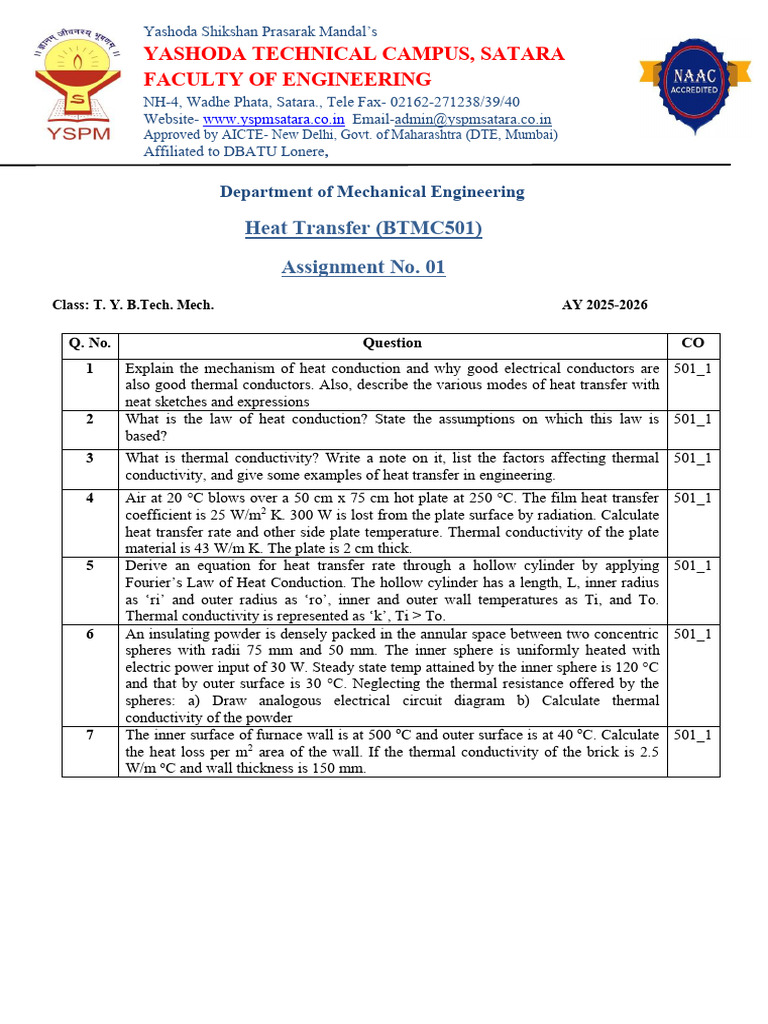 Heat Transfer Assignments for B.Tech Mech | PDF | Heat Transfer ...