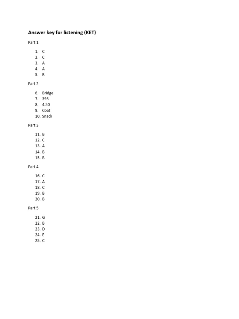KET Listening Answer Key | PDF