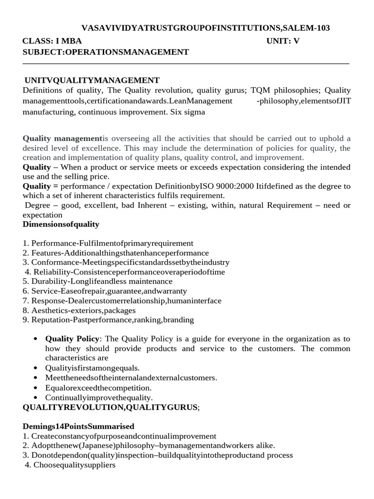 Quality Management in Operations Management | PDF | Quality Management ...