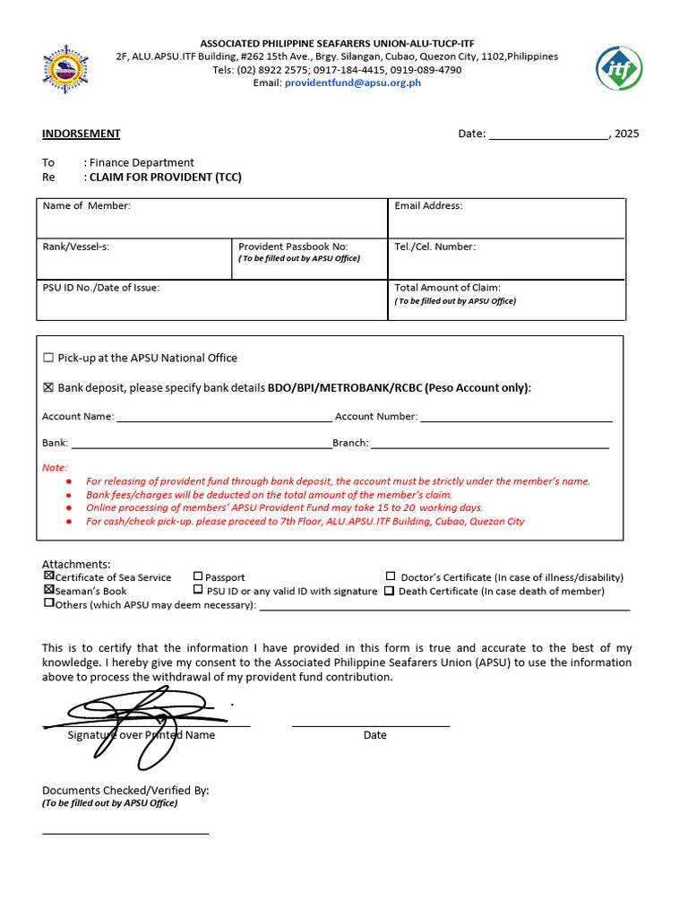 APSU Provident Fund Claim Form | PDF | Banks | Banking