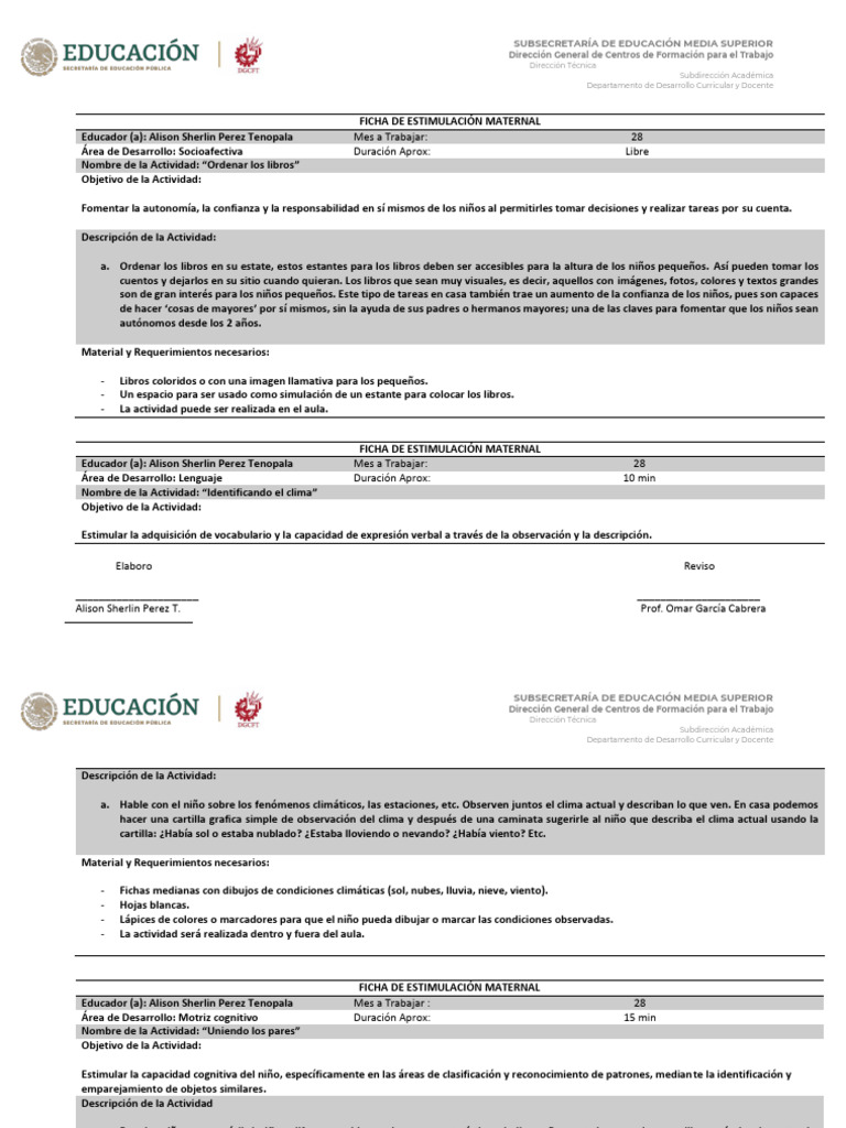 FICHA DE ESTIMULACIÓN MATERNAL Mes 28 | PDF | Cognición | Aprendizaje