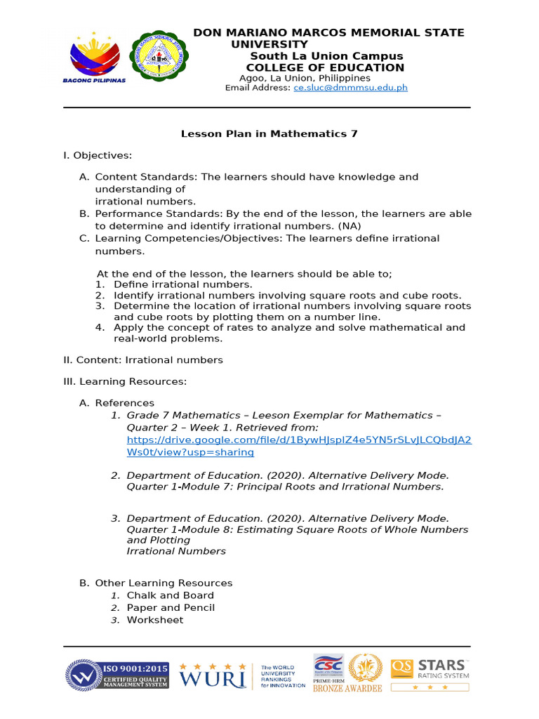 Mathematics 7 Lesson Plan: Irrational Numbers | PDF | Numbers | Square Root