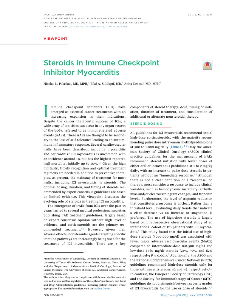 Steroids in Immune Checkpoint Inhibitor Myocarditis | PDF ...